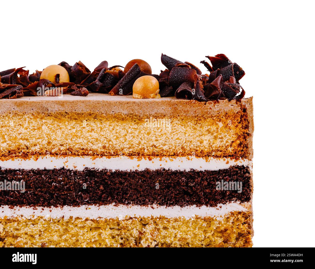 Delicious layered cake with chocolate curls and icing on white ...