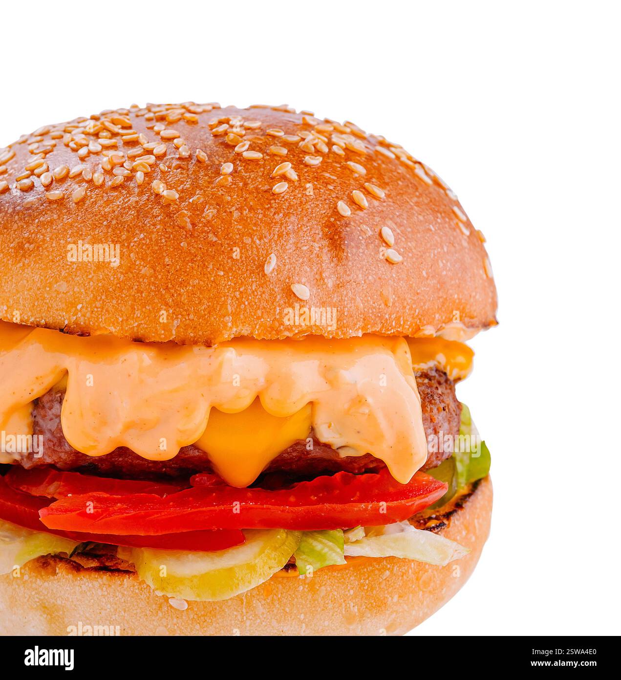 Juicy burger is tempting with melted cheese dripping over fresh ...
