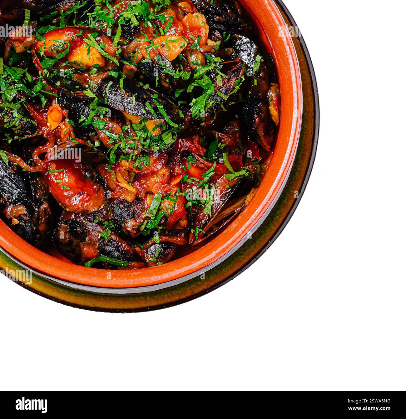 Mussels cooked in tomato sauce with onions and herbs hi-res stock ...