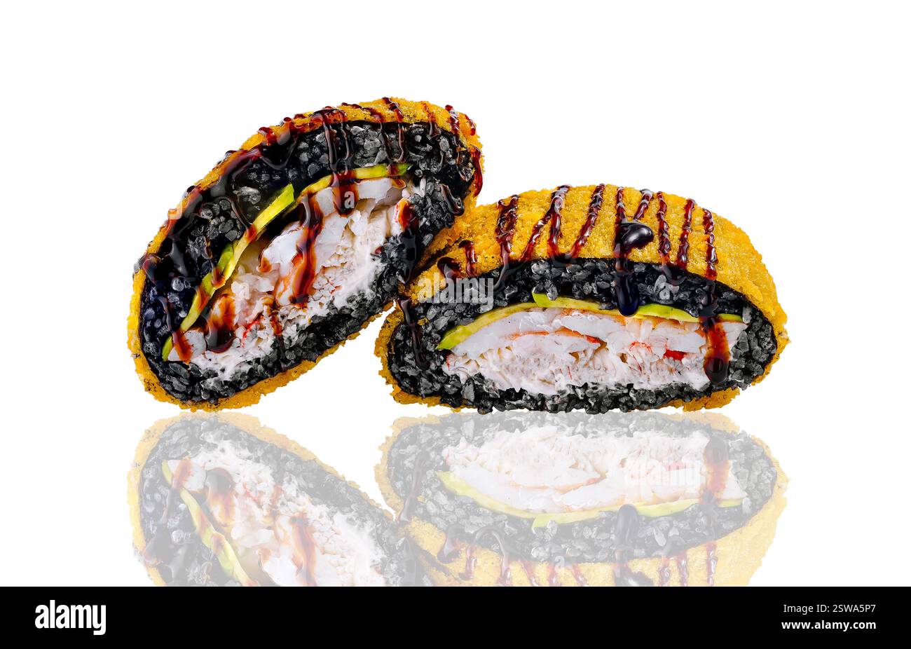 Two delicious black sushi rolls with crab meat, avocado and unagi sauce ...