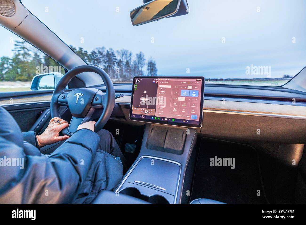 Close-up view of driver holding steering wheel inside Tesla Model 3 ...