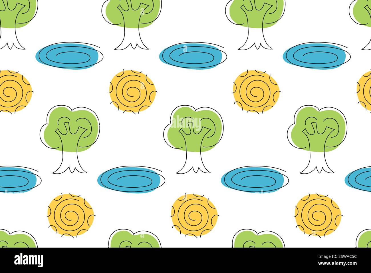 Colorful patterns of trees and sun with blue ponds on a white ...