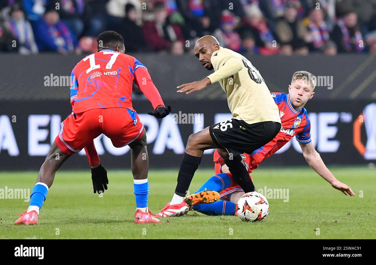 L-R Rafiu Durosinmi (Plzen), Julio Romao (Ferencvaros) and Lukas Cerv ...