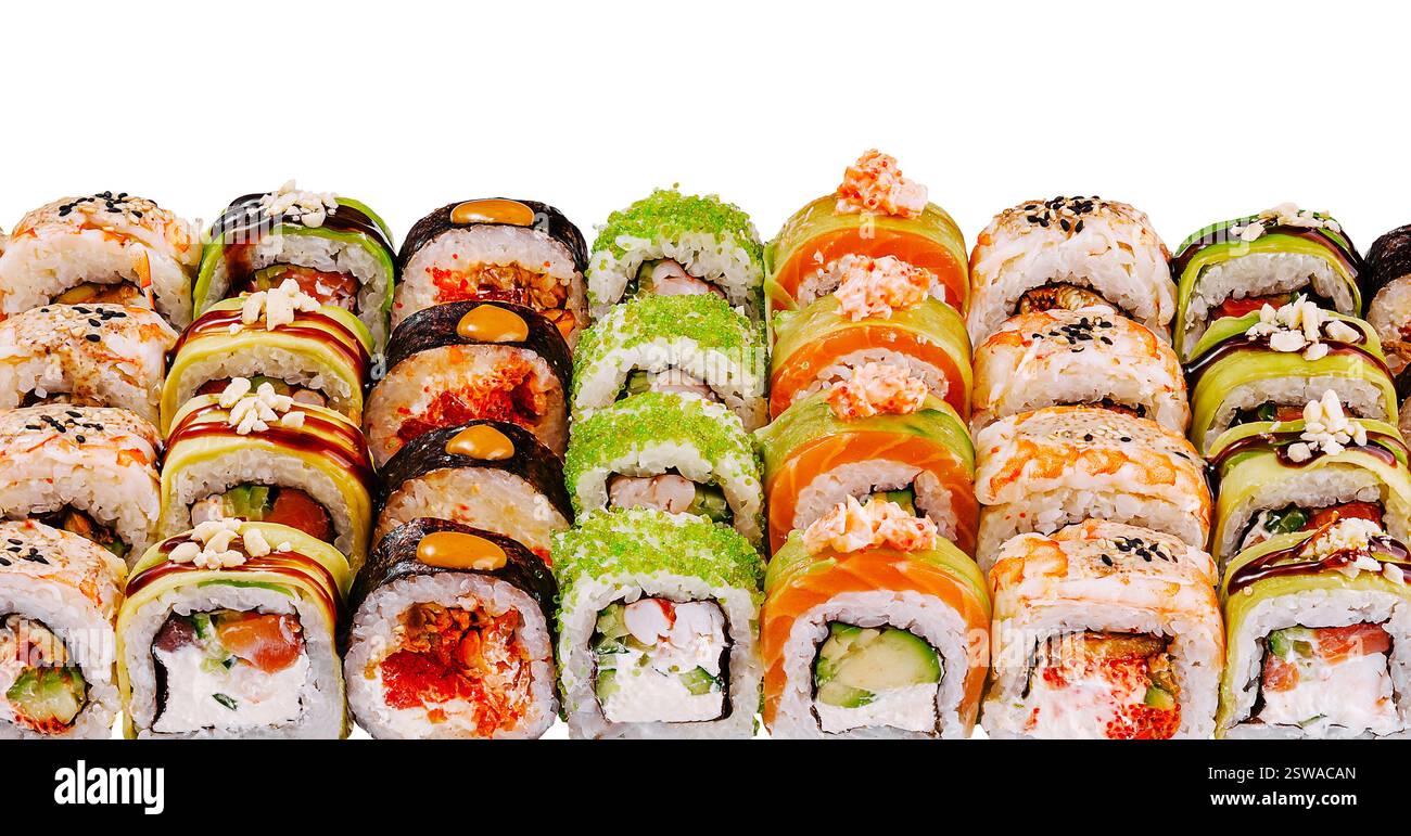 Big sushi set with various kinds of maki rolls isolated on white ...