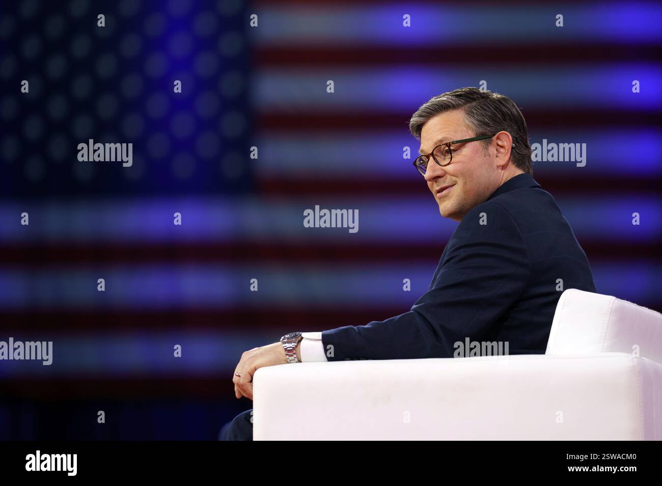 US House Speaker Mike Johnson speaks at the Conservative Political ...