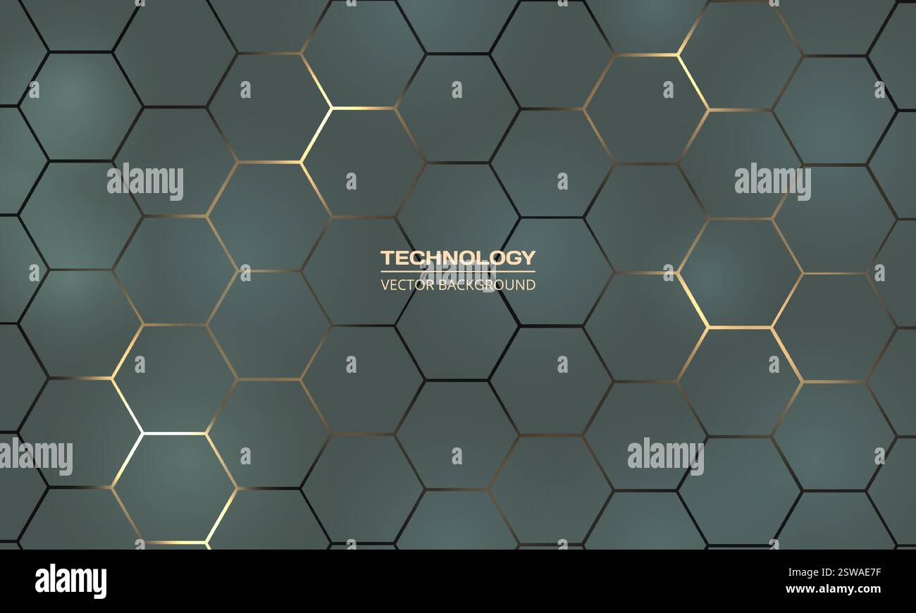 Gray-green color hexagon abstract technology background with beige and yellow colored bright ...