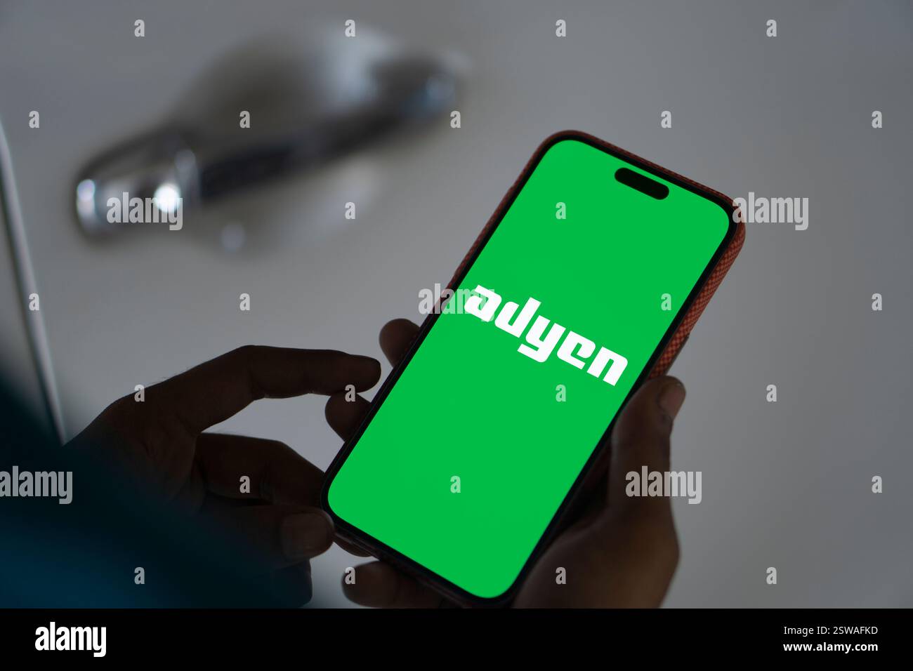 Dhaka, Bangladesh- 09 Nov 2024: Adyen logo is displayed on smartphone. Adyen is a Dutch payment ...