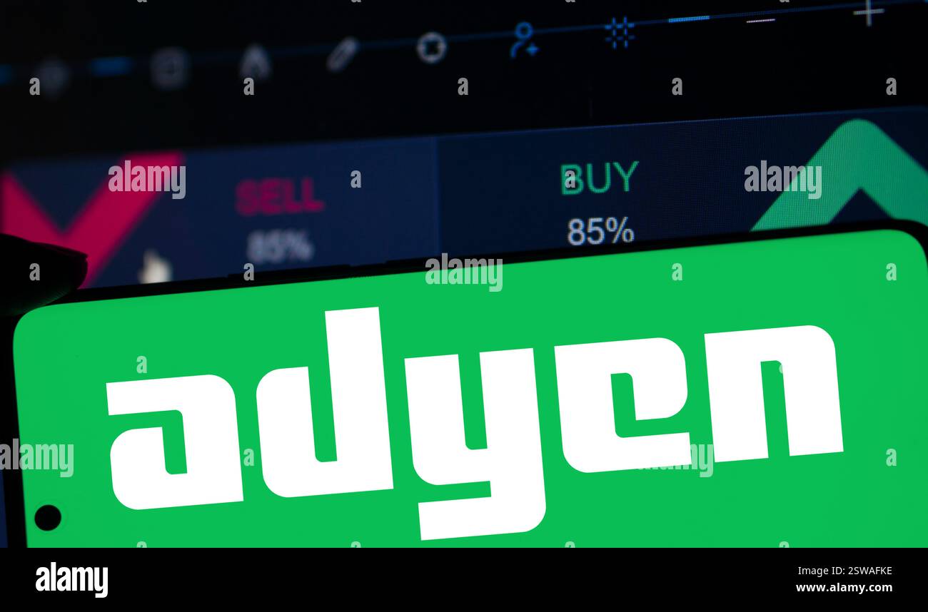 Dhaka, Bangladesh- 09 Nov 2024: Adyen logo is displayed on smartphone. Adyen is a Dutch payment ...