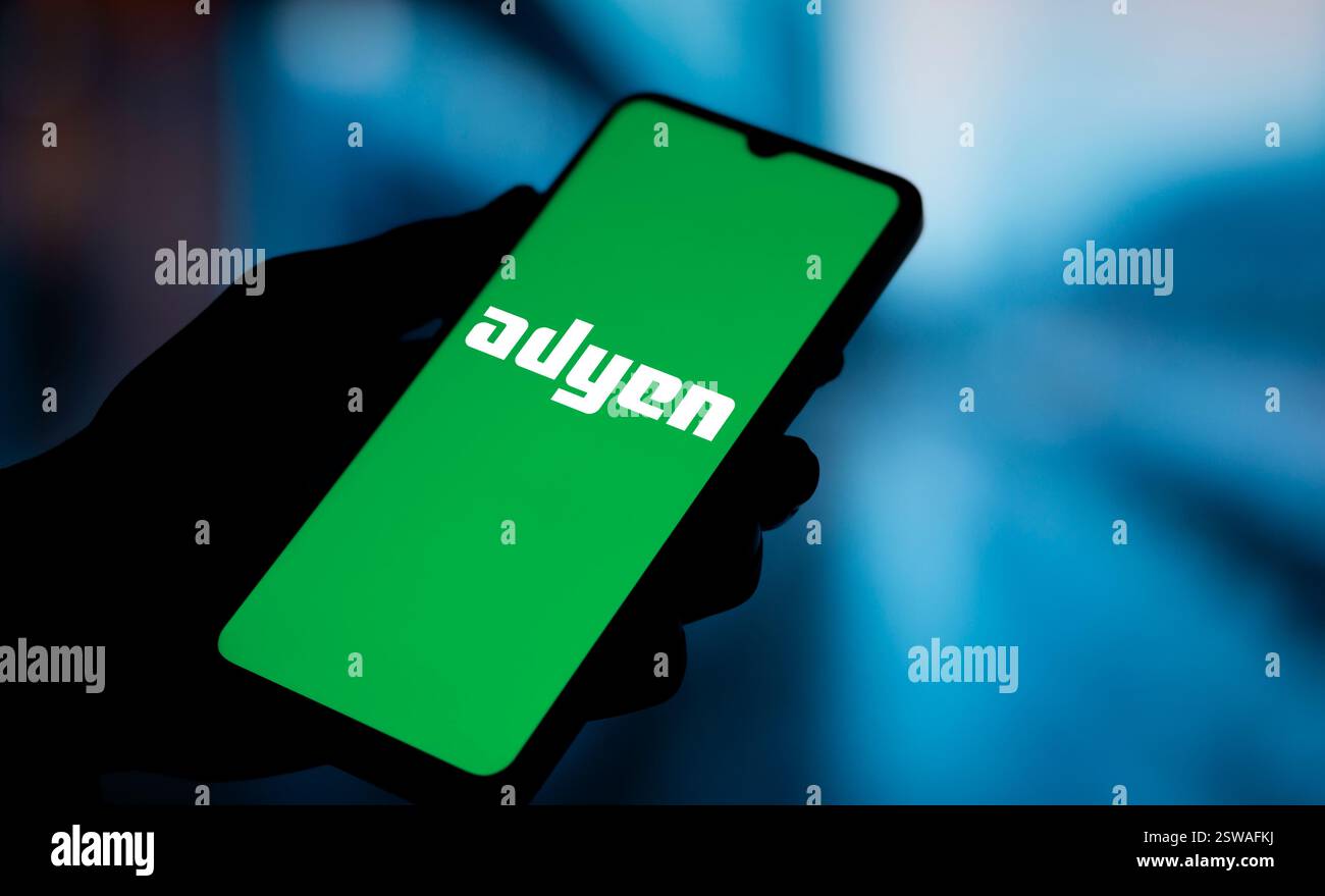 Dhaka, Bangladesh- 09 Nov 2024: Adyen logo is displayed on smartphone. Adyen is a Dutch payment ...