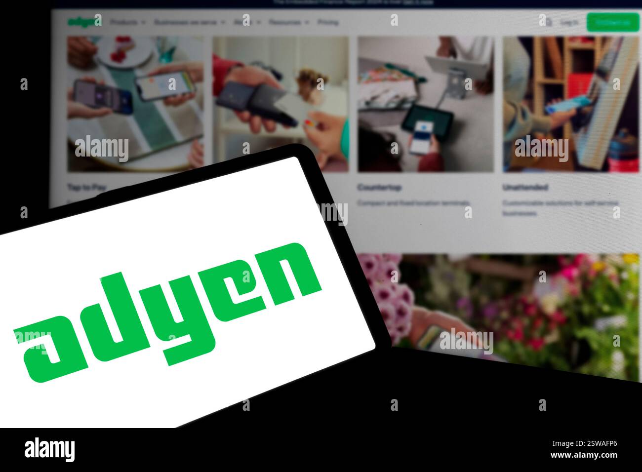 Dhaka, Bangladesh- 09 Nov 2024: Adyen logo is displayed on smartphone. Adyen is a Dutch payment ...