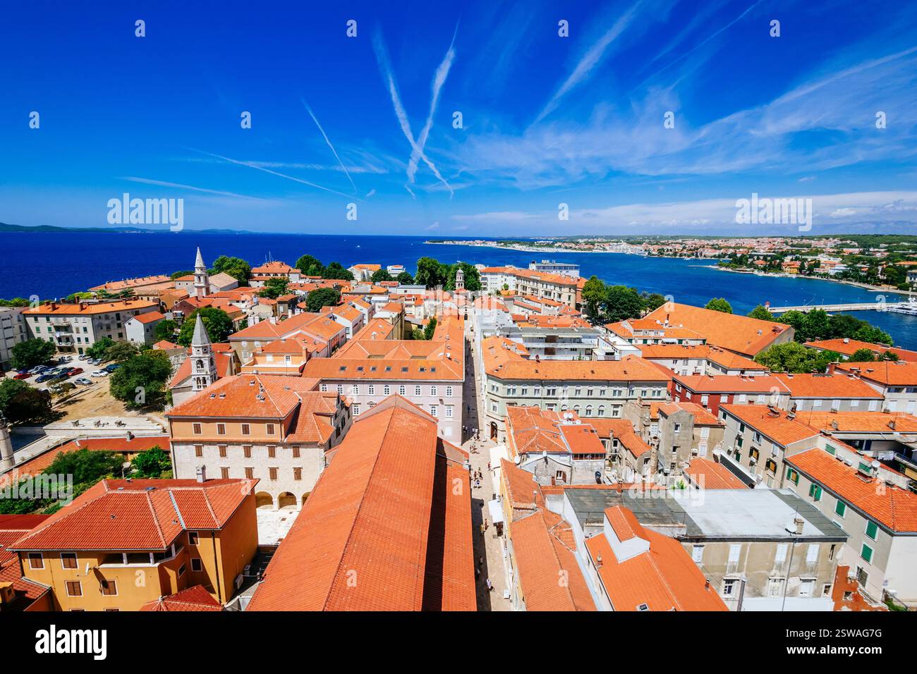 Sunny summer day above old town of Zadar. Panoramic view from the ...