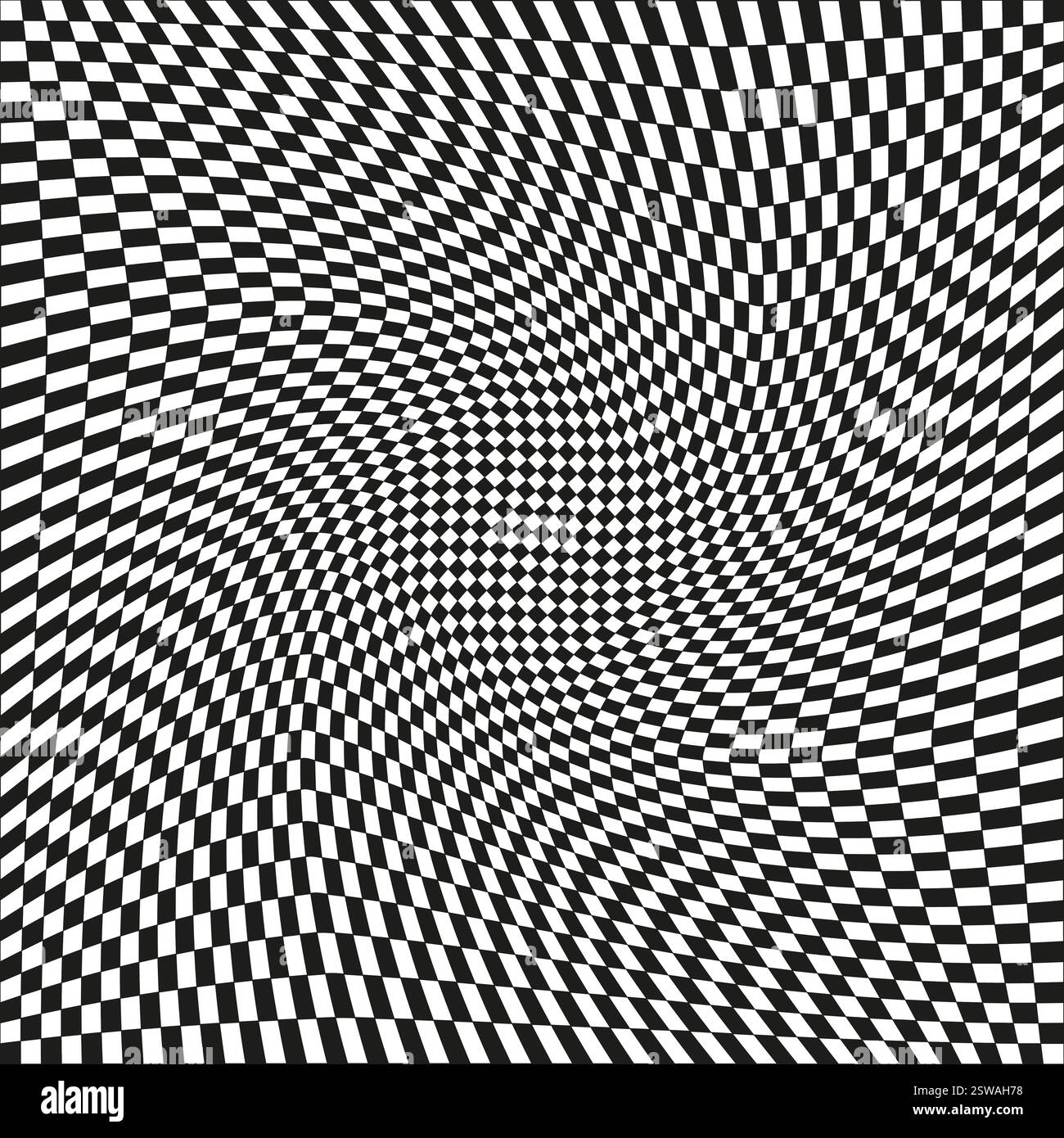 Black white checker. Optical illusion effect. Distorted square pattern. Dynamic abstract design ...