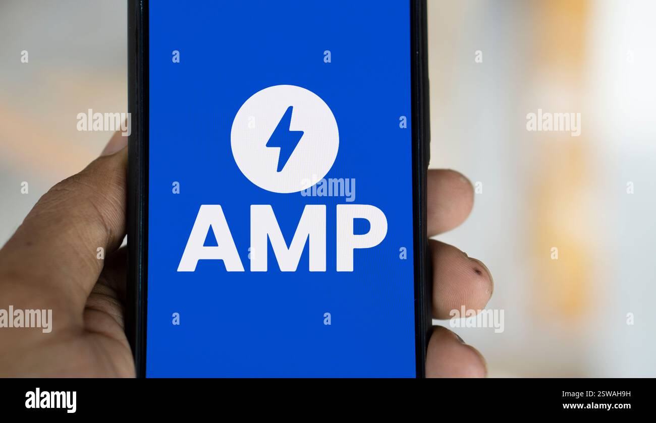Dhaka, Bangladesh- 10 Nov 2024: AMP logo is displayed on smartphone. AMP is a framework for ...
