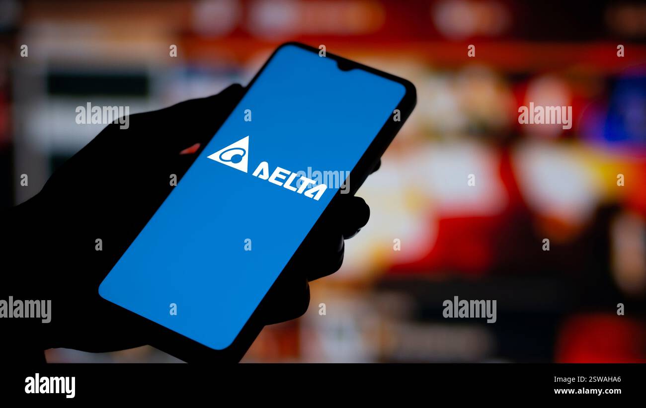 Dhaka, Bangladesh- 10 Nov 2024: Delta Electronics logo is displayed on smartphone. Delta ...