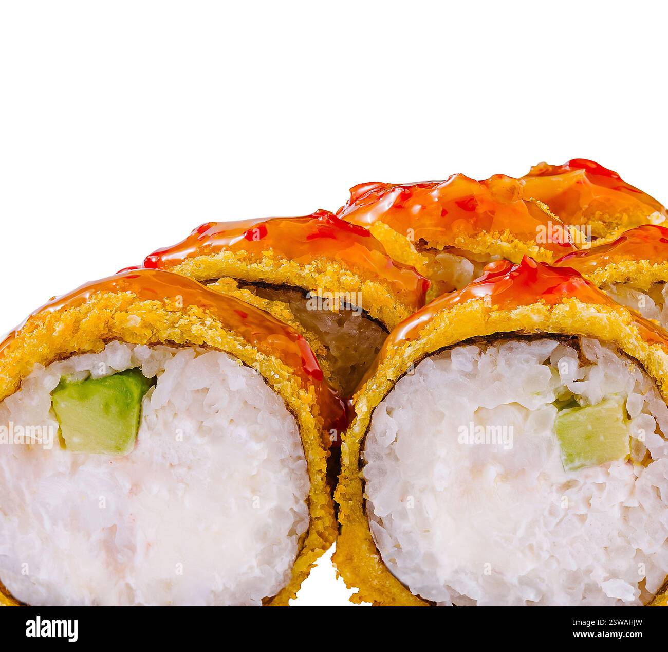 Tempura maki sushi rolls covered with spicy sauce and sesame seeds ...