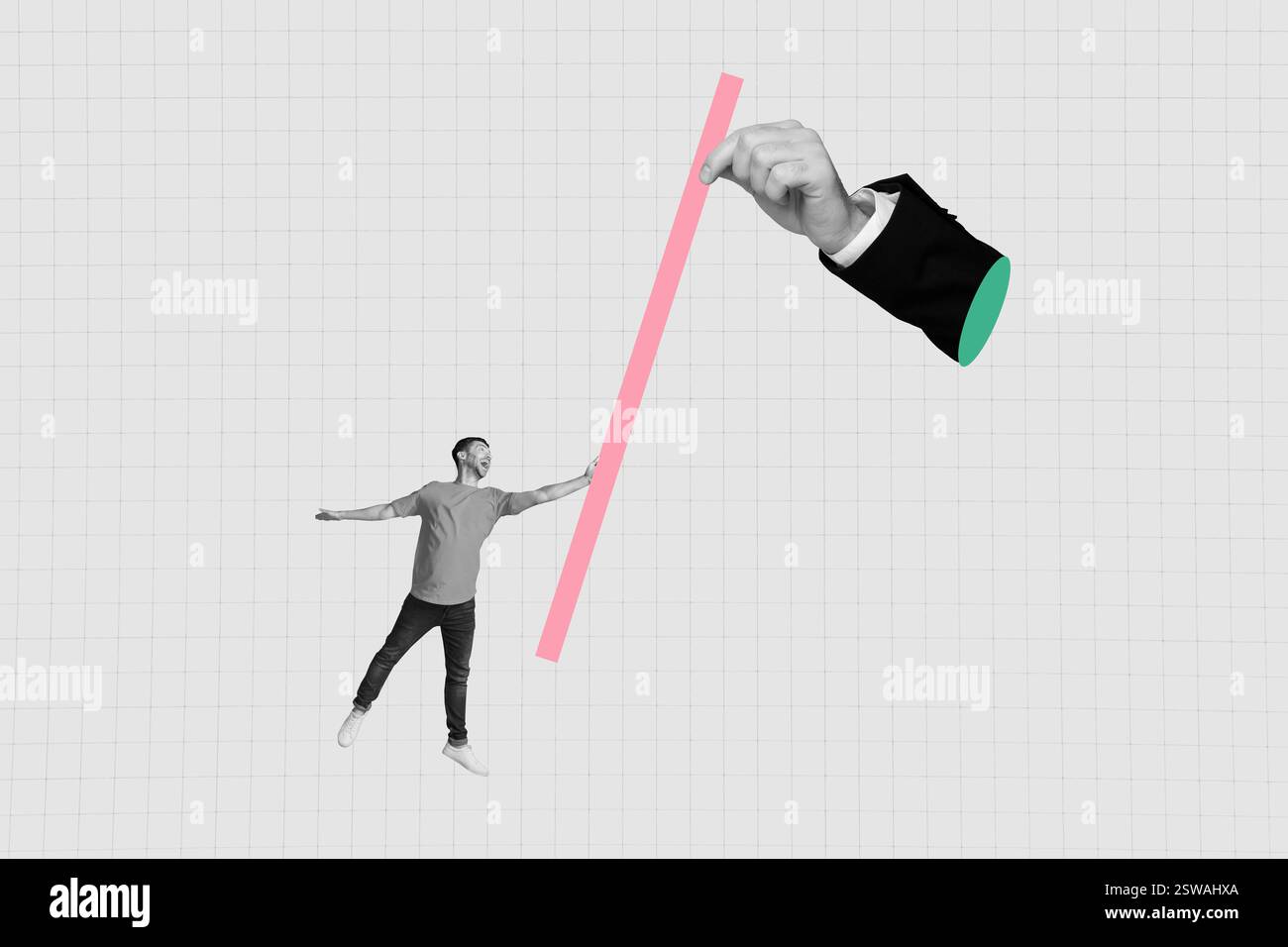 Exclusive art banner collage of excited businessman hold line figurine ...