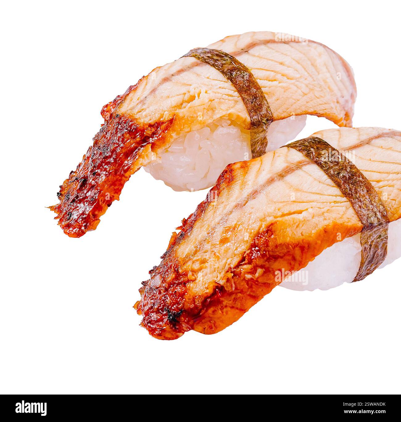 Two delicious unagi nigiri sushi with grilled eel and rice presenting on white background Stock ...