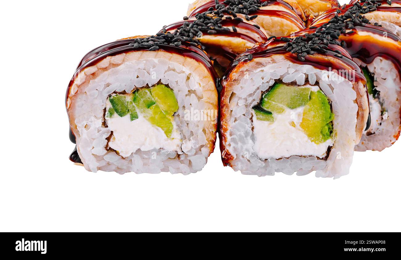 Row of sushi rolls topped with eel and avocado, isolated on white ...