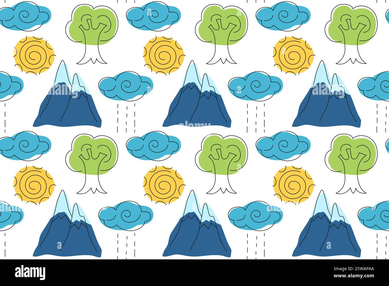 A vibrant design showcases mountains, trees, sun, and clouds, creating ...
