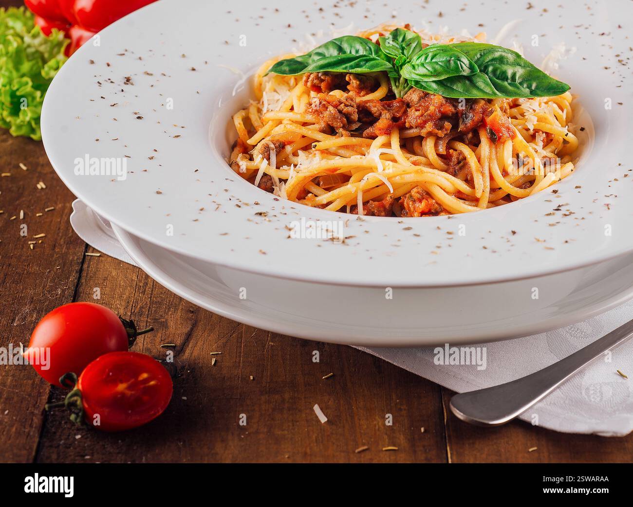 Delicious plate of spaghetti bolognese is ready to be eaten Stock Photo ...
