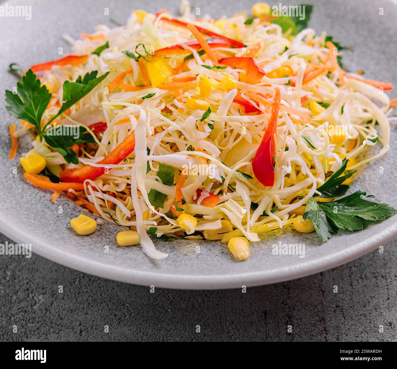 Colorful asian-style vegetable salad served in a modern plate on a ...