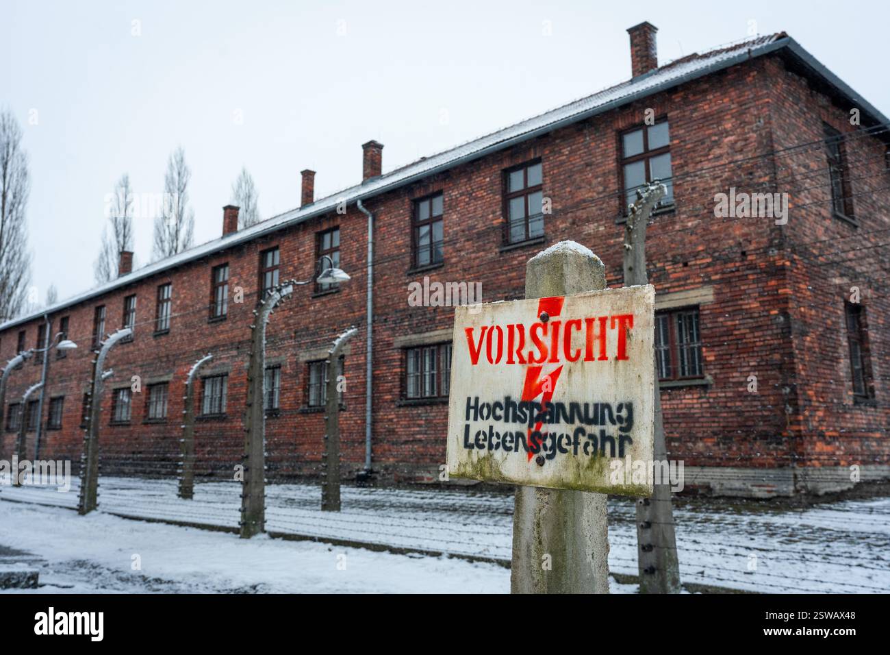 Warning sign high voltage danger of death on Auschwitz fence during ...
