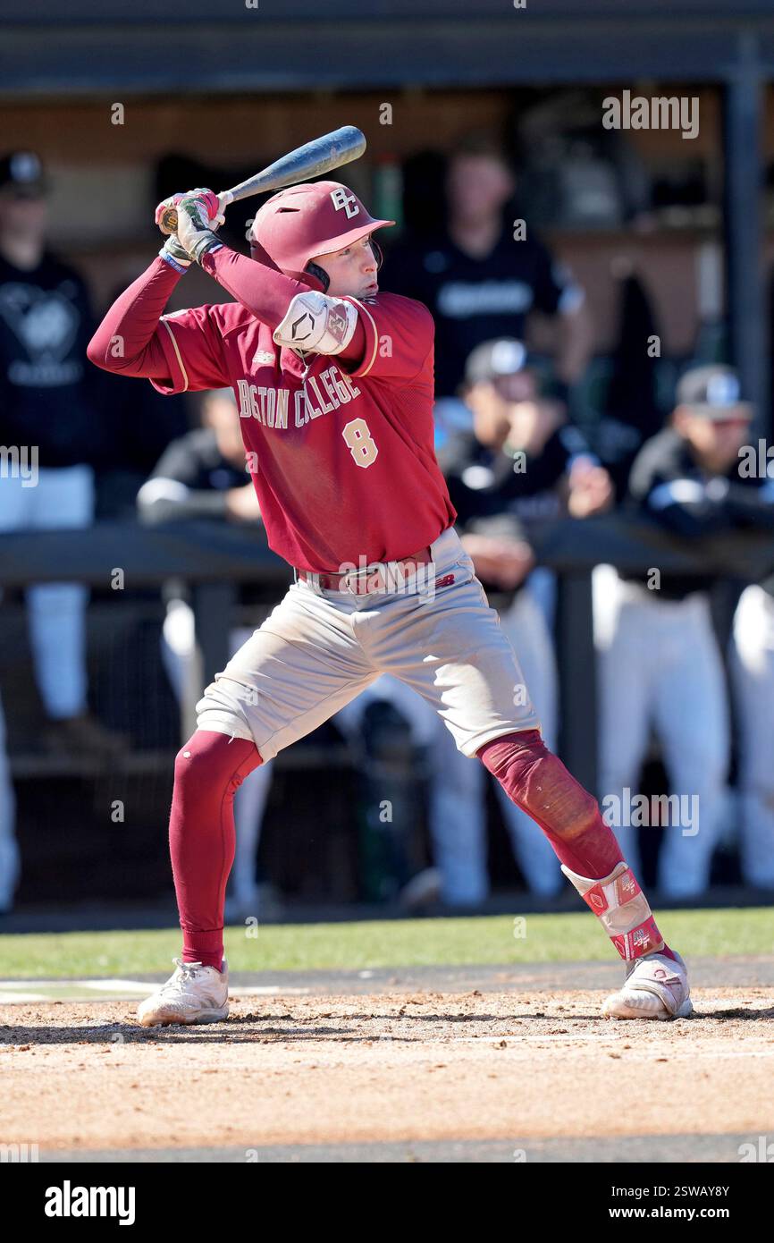 Third baseman Patrick Roche (8) of the Boston College Eagles at bat in ...