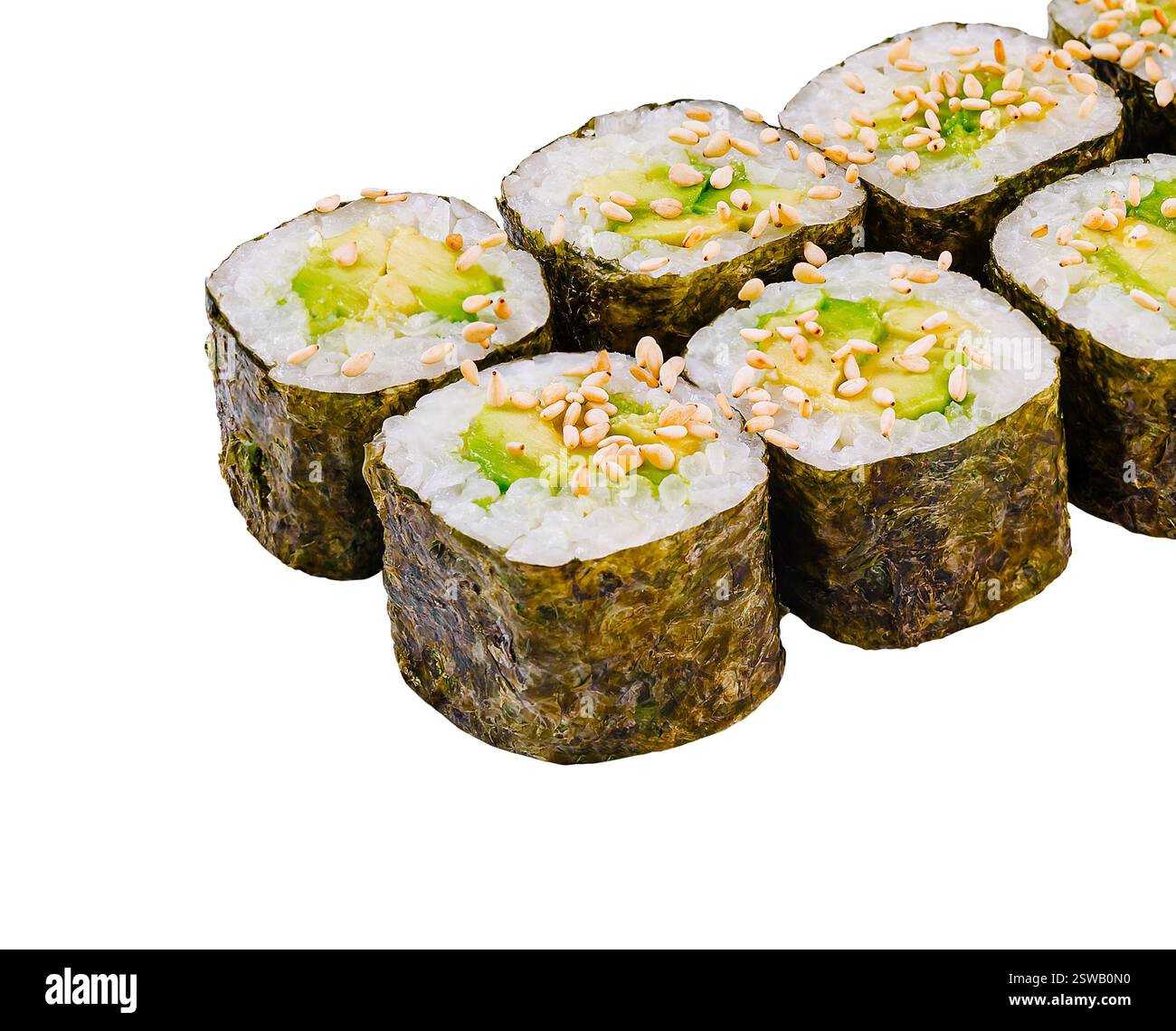 Avocado maki sushi rolls covered with sesame seeds on white background ...