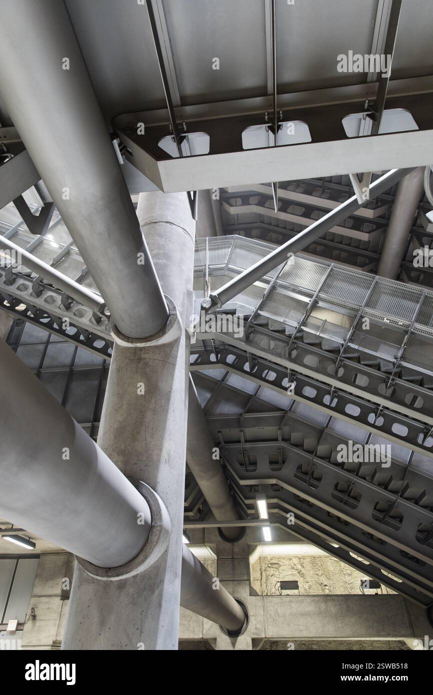 Inside the WESTMINSTER station, London, UK. Concrete and metal support ...