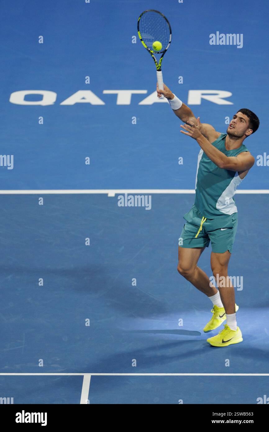 Carlos Alcaraz of Spain during the 2025 Qatar ExxonMobil Open, ATP 500 ...