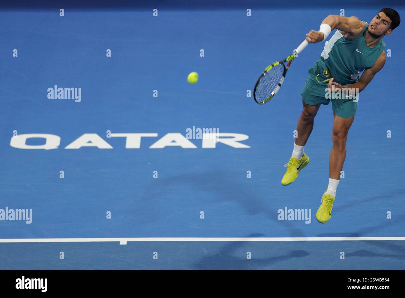 Carlos Alcaraz of Spain during the 2025 Qatar ExxonMobil Open, ATP 500 ...