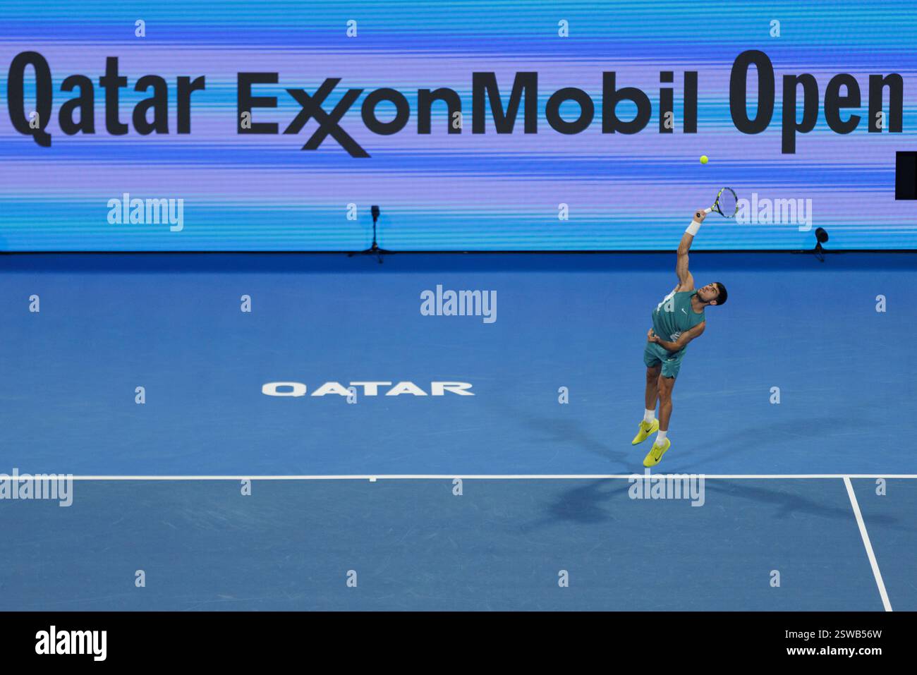 Carlos Alcaraz of Spain during the 2025 Qatar ExxonMobil Open, ATP 500 ...