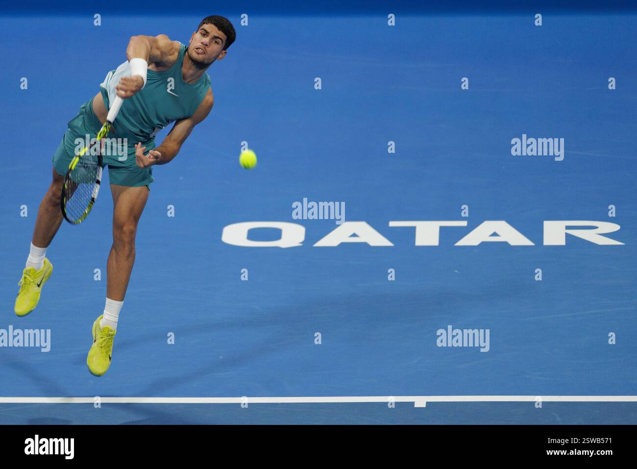 Carlos Alcaraz of Spain during the 2025 Qatar ExxonMobil Open, ATP 500 ...