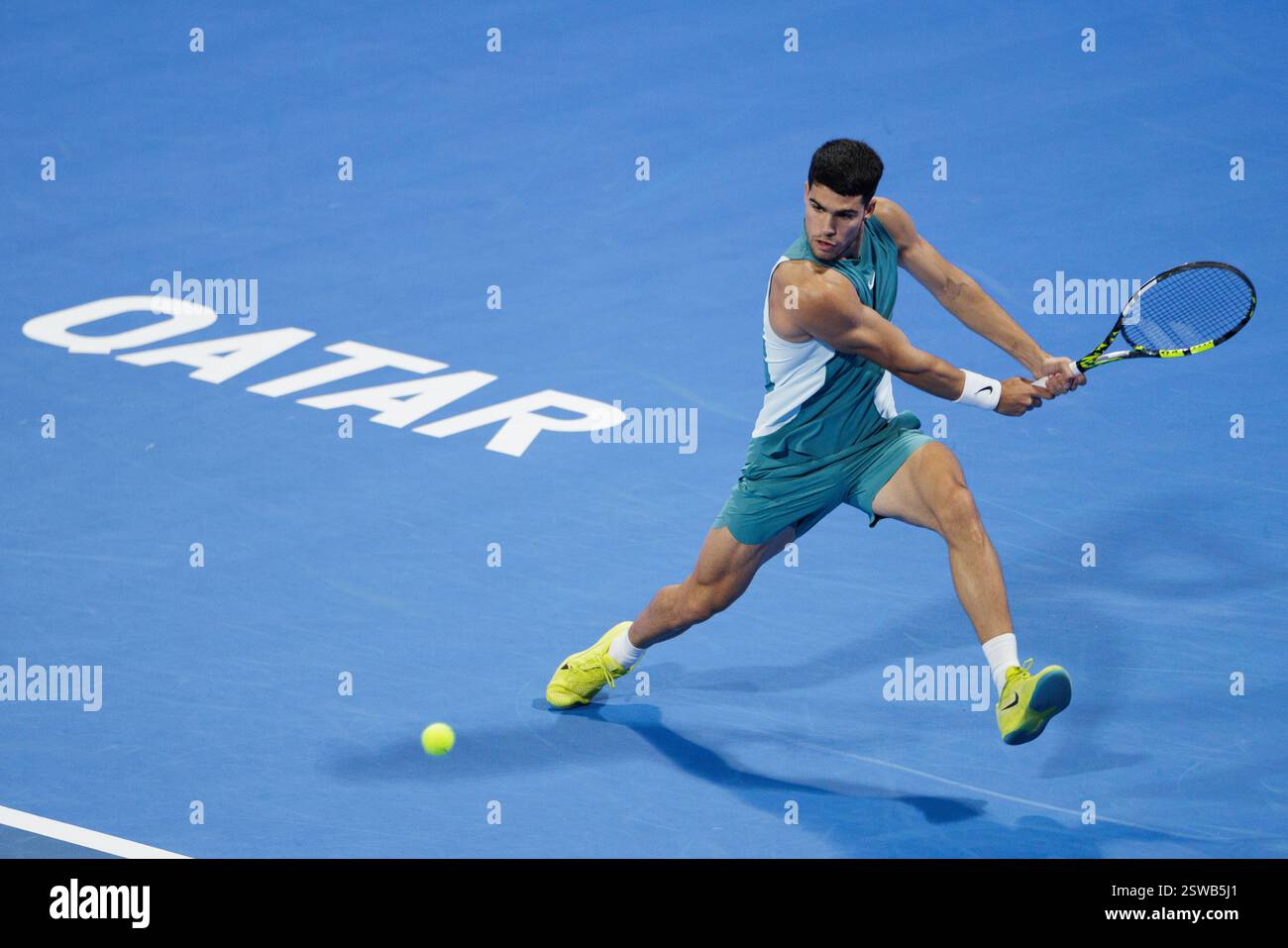 Carlos Alcaraz of Spain during the 2025 Qatar ExxonMobil Open, ATP 500 ...