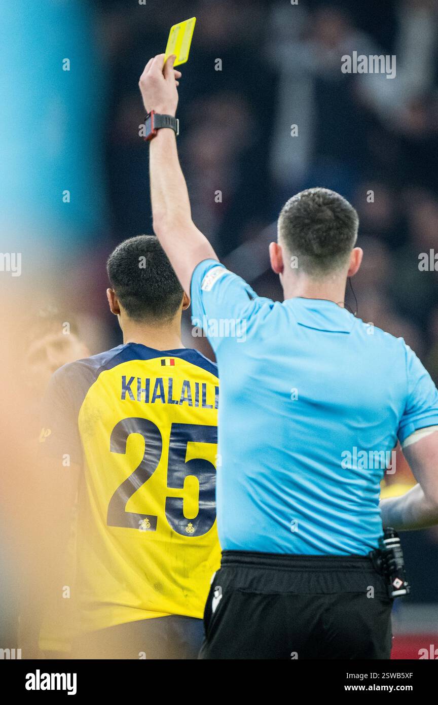 Union's Anan Khalaili receives a yellow card from the referee during a ...