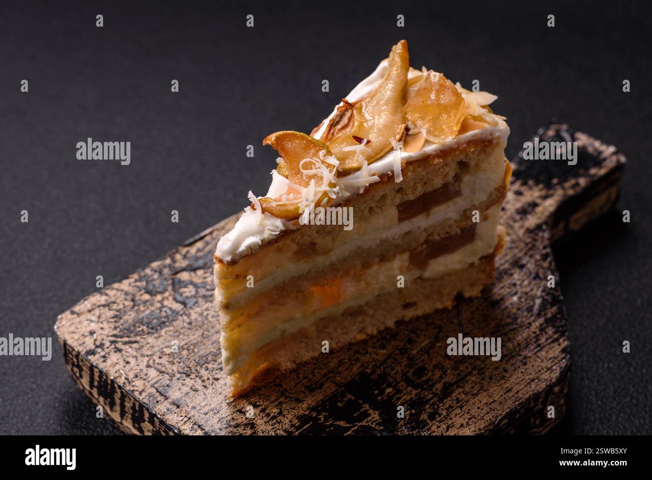Layered sweet cake with cream, pear and dorblu cheese Stock Photo - Alamy