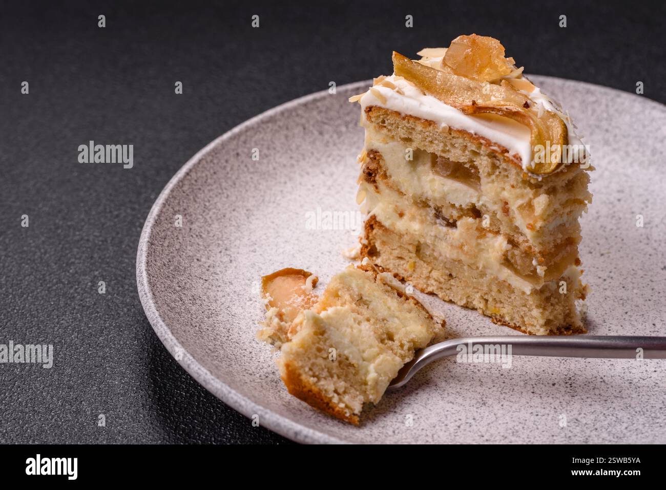 Layered sweet cake with cream, pear and dorblu cheese Stock Photo - Alamy