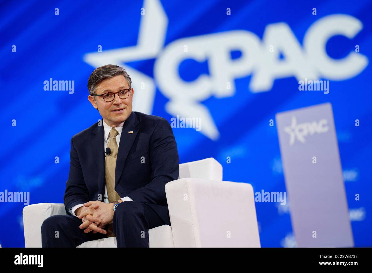 US House Speaker Mike Johnson speaks at the Conservative Political ...