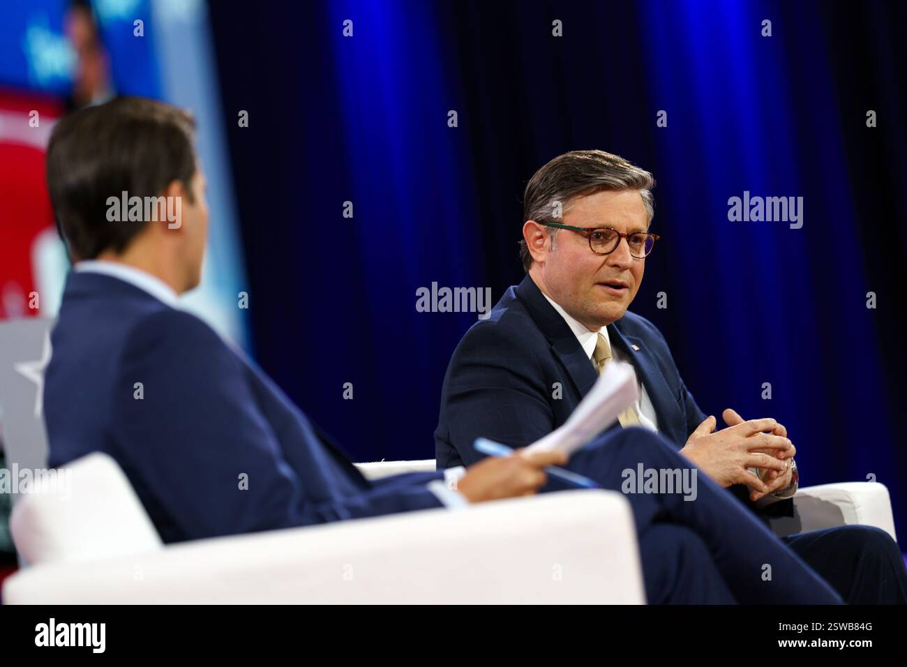 US House Speaker Mike Johnson speaks at the Conservative Political ...