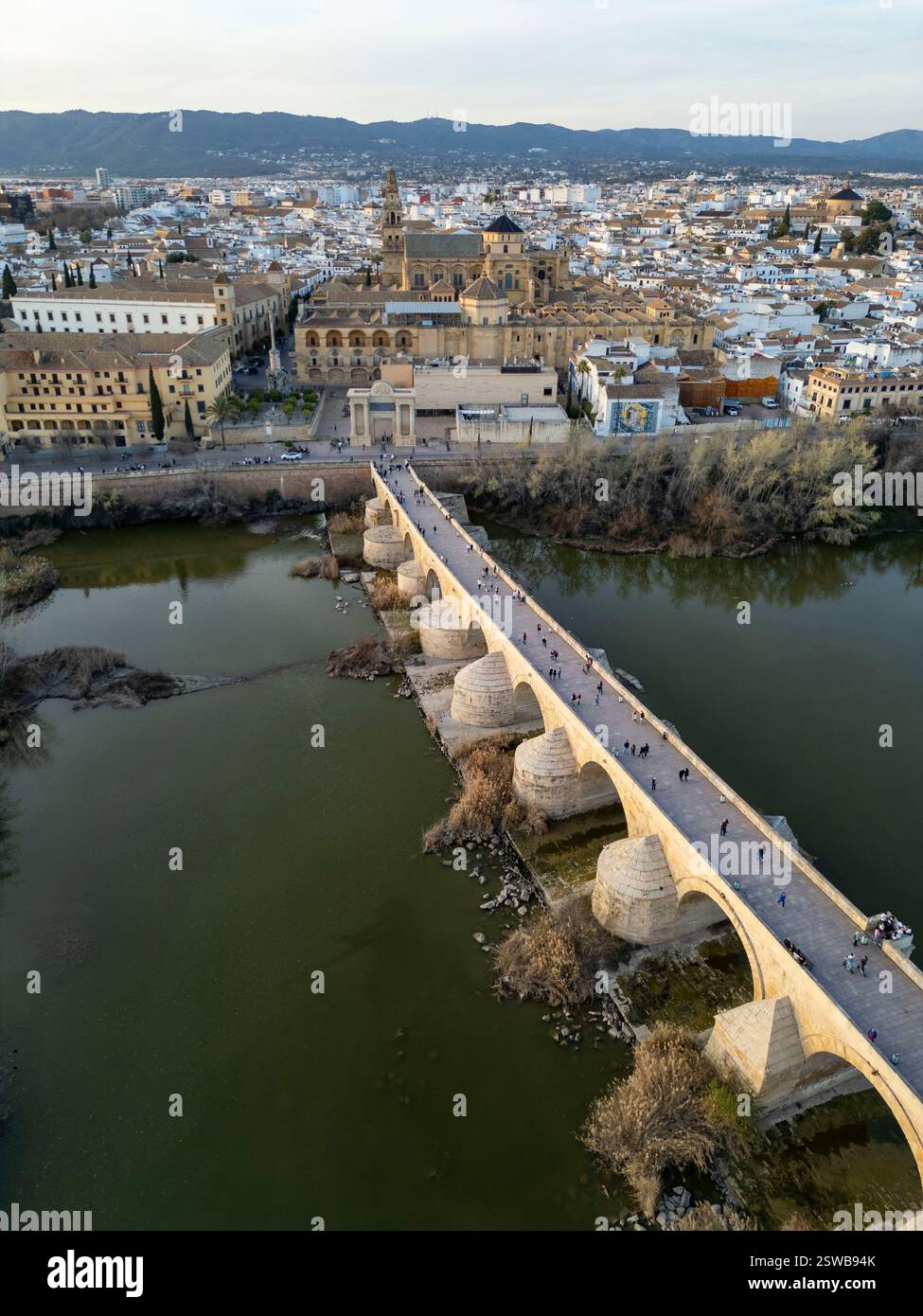 Aerial drone view of the Puente Romano (Roman Bridge) and the ...