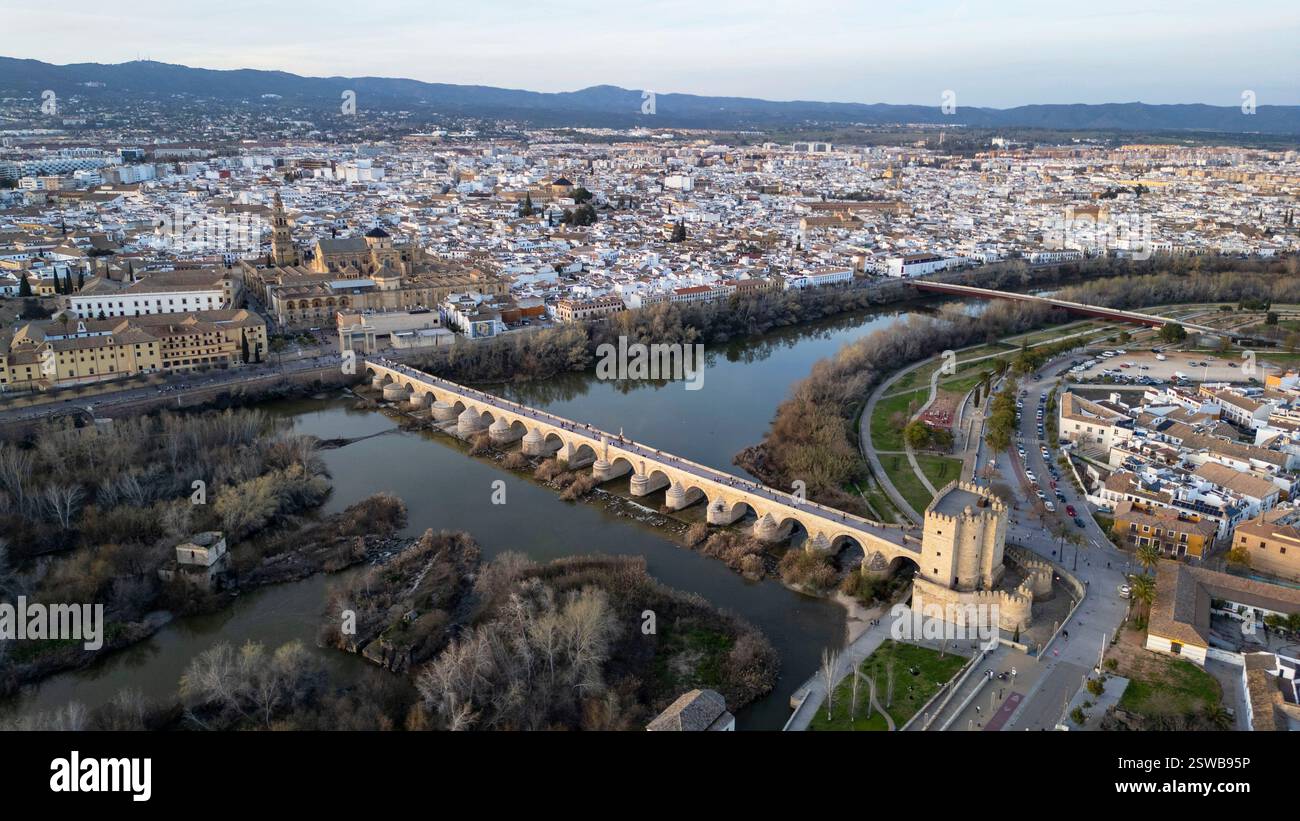 Aerial drone view of Calahorra Tower and the Puente Romano (Roman ...