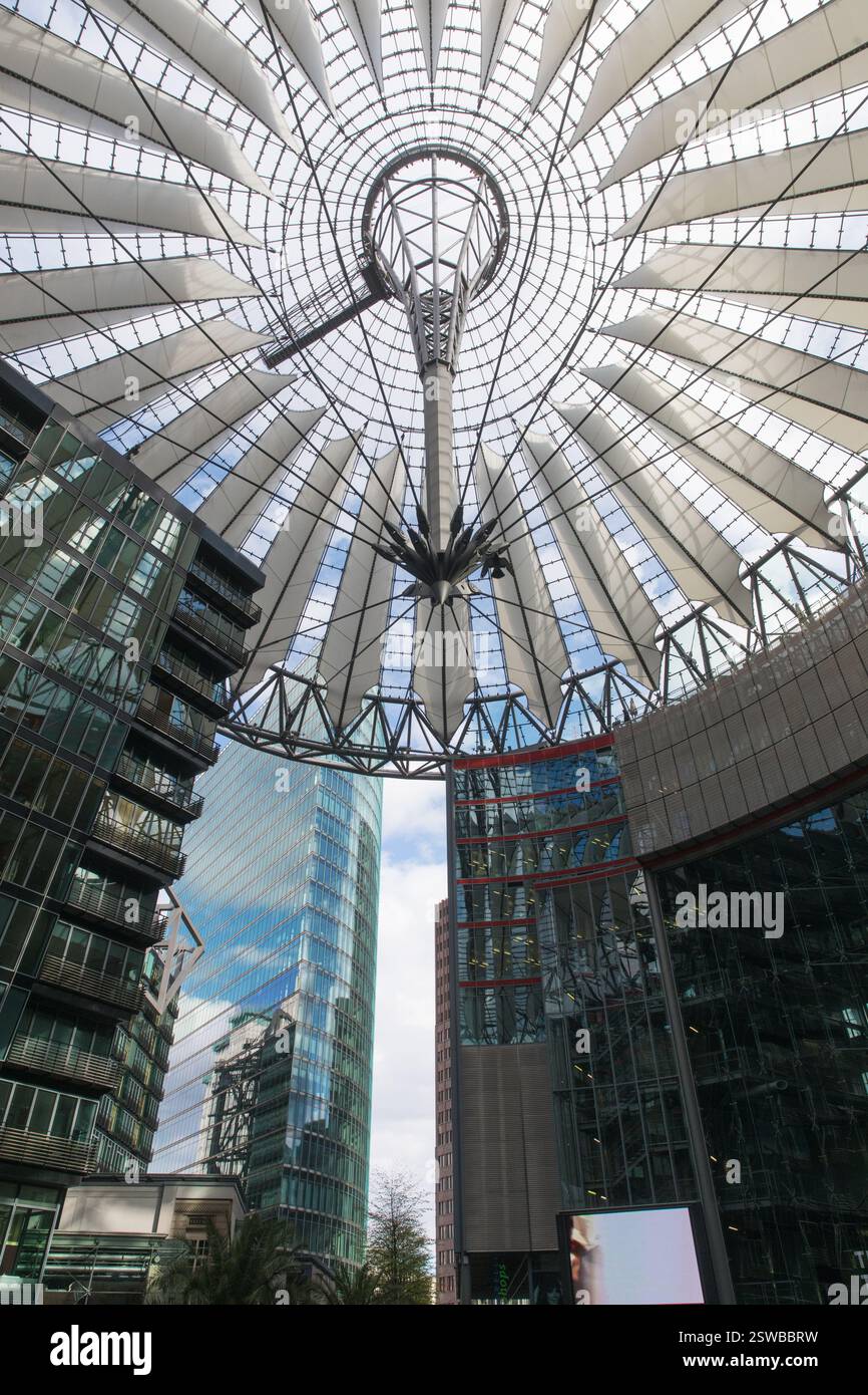 Berlin's Sony Center, showcasing its iconic, retractable roof structure ...