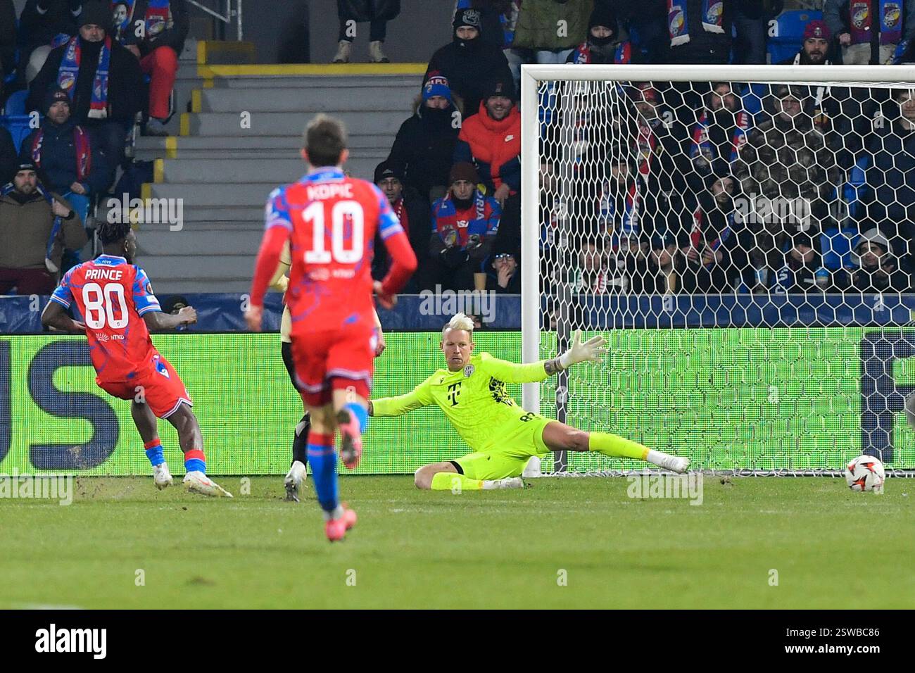 Plzen's Prince Adu (left) misses the goal in a chance during the UEFA ...