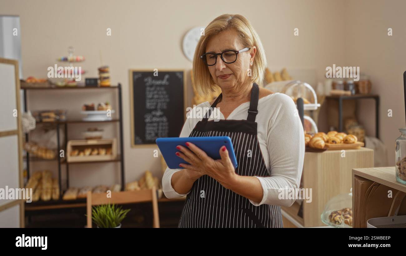 Blonde woman with short hair working in a cozy bakery shop using a ...