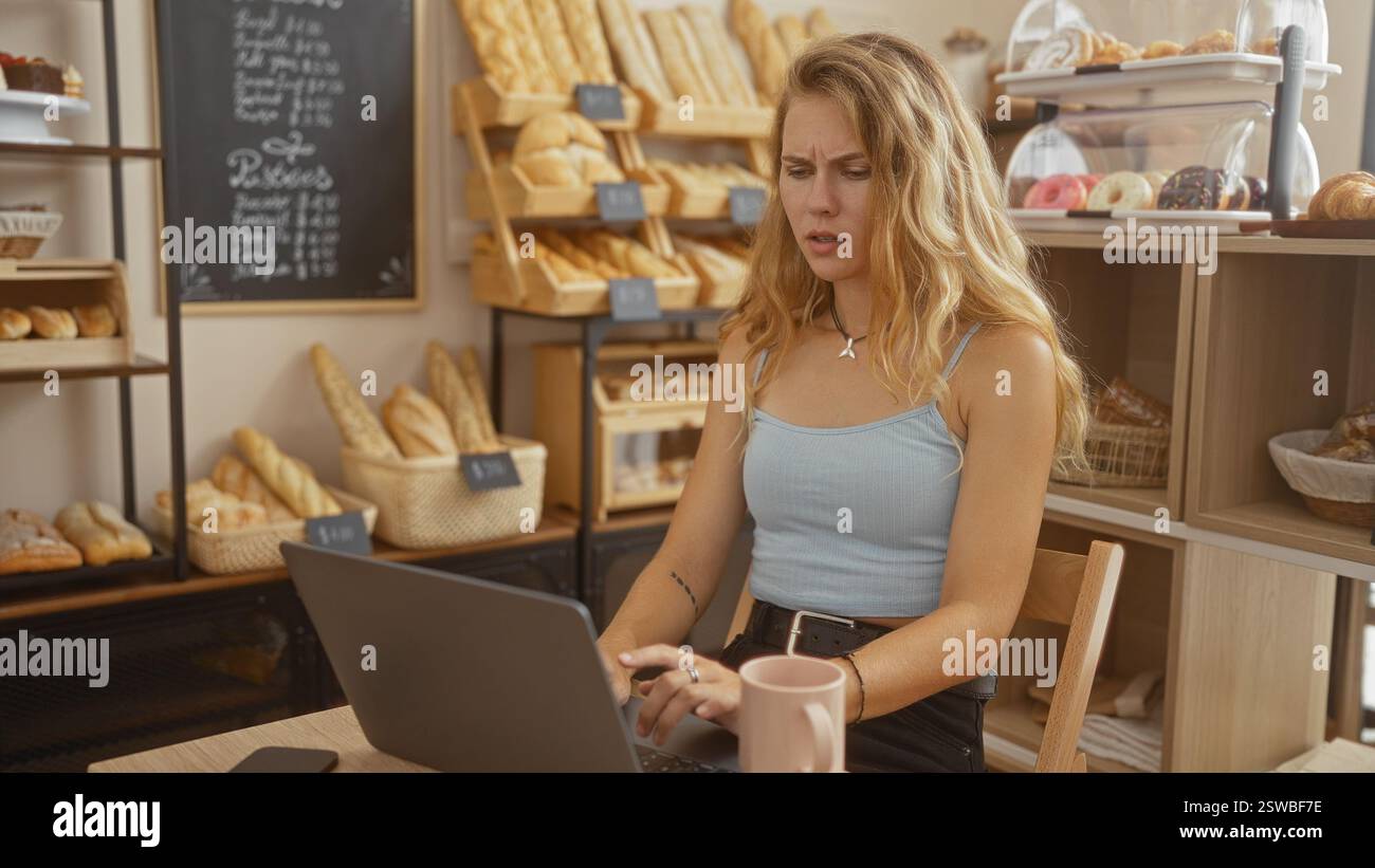 Attractive blonde woman sitting in bakery shop with laptop surrounded ...
