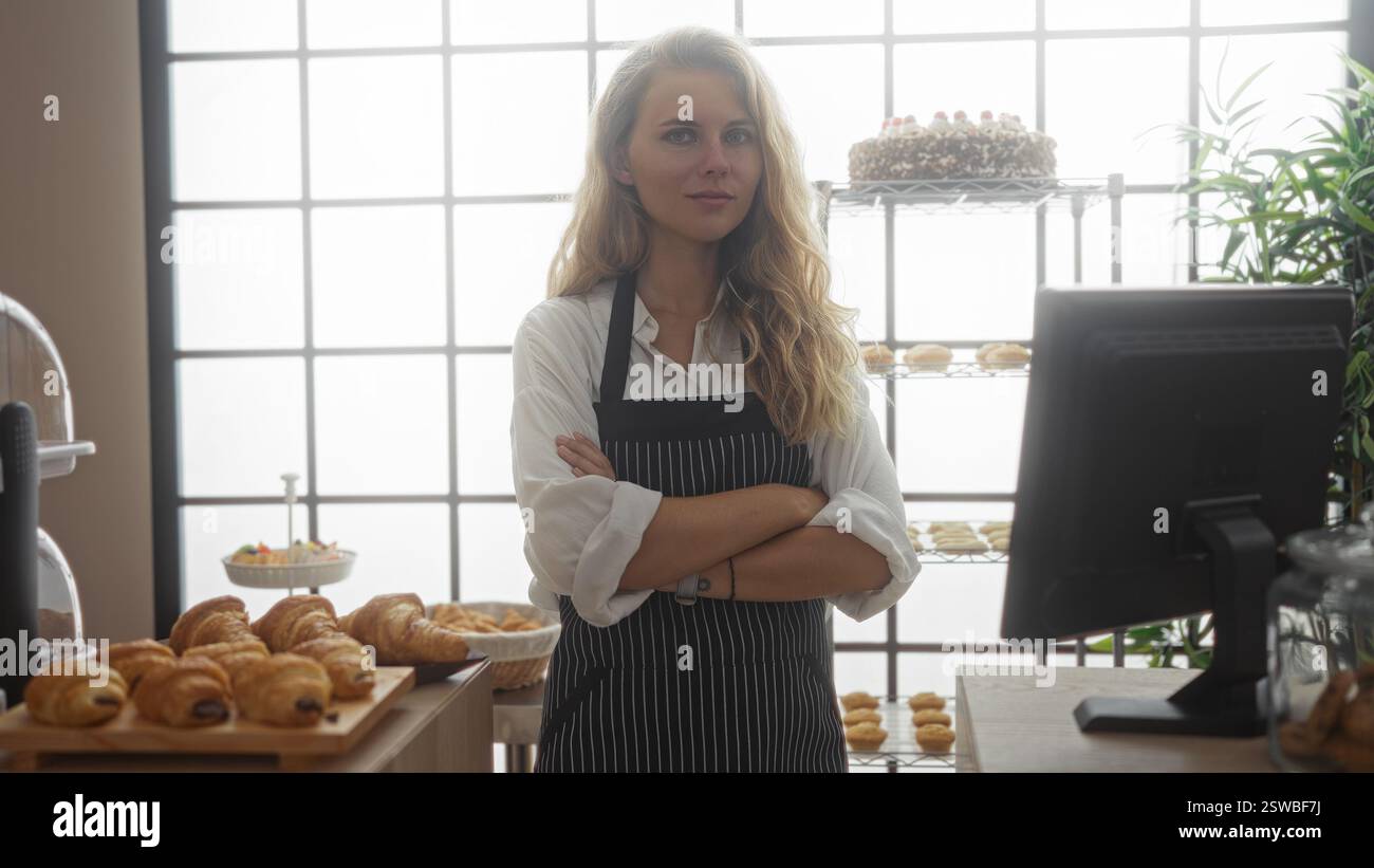 Young beautiful blonde woman with arms crossed standing in bakery shop ...