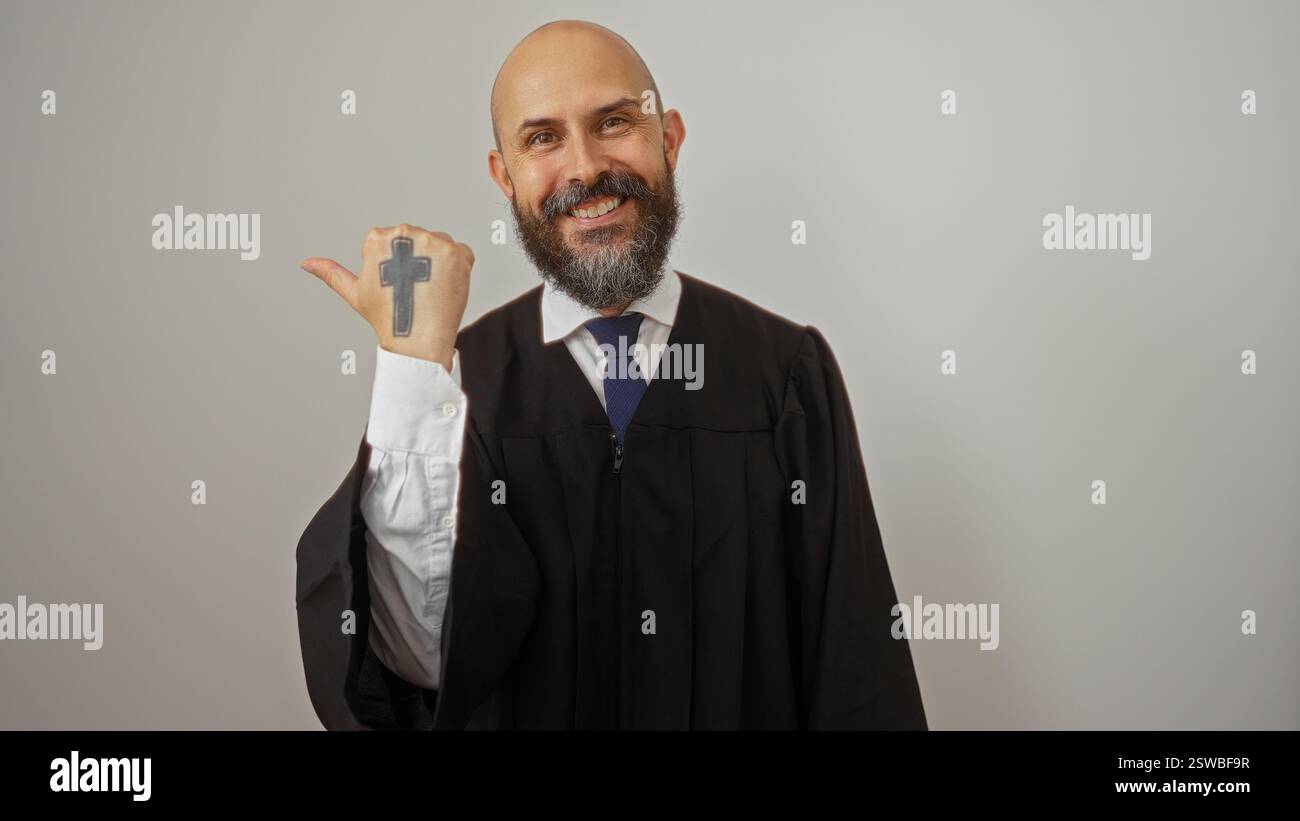 Hispanic man in a black robe, bald with a beard, isolated on a white ...