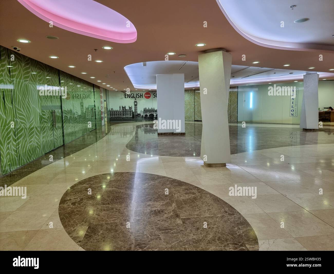 Empty shopping mall with modern design, ceiling, pillars; Kadorr mall ...