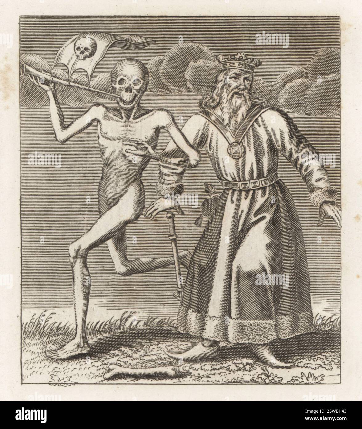 The King with the cadaver of Death. The skeletal figure plays a trumpet ...