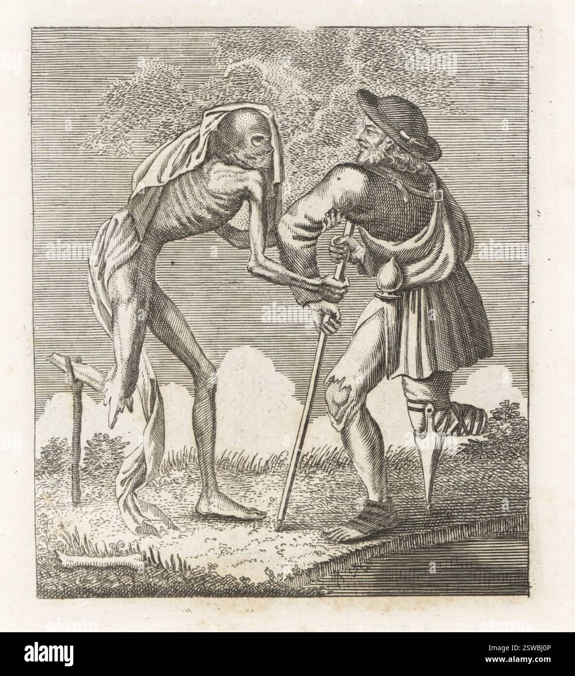 Cadaver of Death with a disabled man. Skeletal figure with long shawl ...